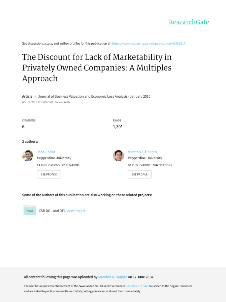 Paglia - DLOM in Private Companies - A Multiples Approach | PDF ...