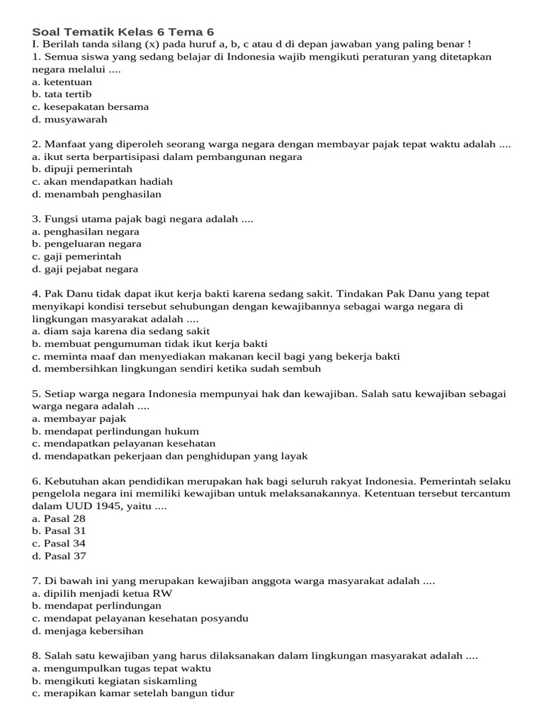Soal Tematik Kelas 6 Tema 6 PPKN | PDF