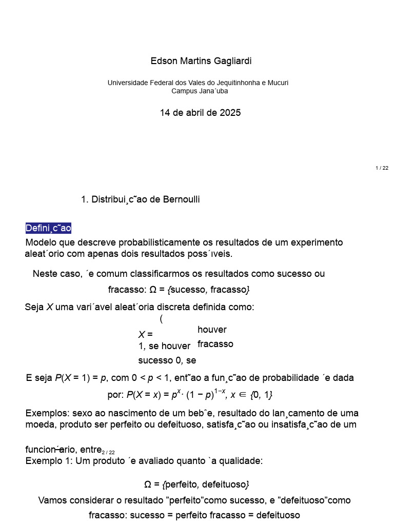 Aula09-Distribuição de Bernoulli, Geométrica e Binomial | PDF | Teoria ...