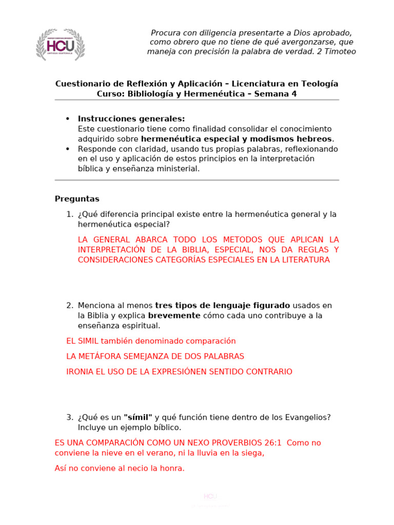 Cuestionario Semana 4 Bibliología y Hermenéutica PETER FUENTS | PDF ...