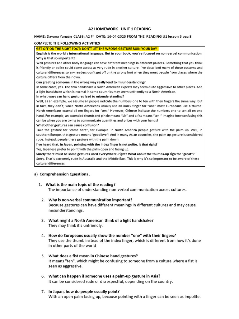 A2 Homework Unit 1 Reading | PDF | Nonverbal Communication | Gesture