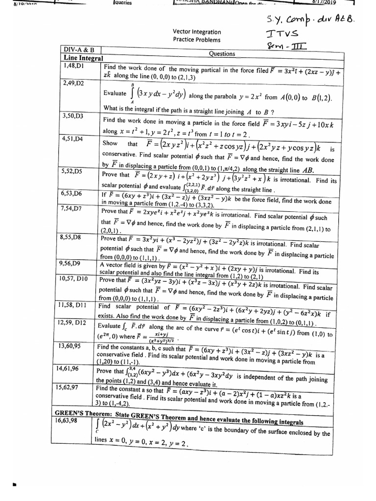 Ques Bank-Vector Integration 250416 105330 | PDF