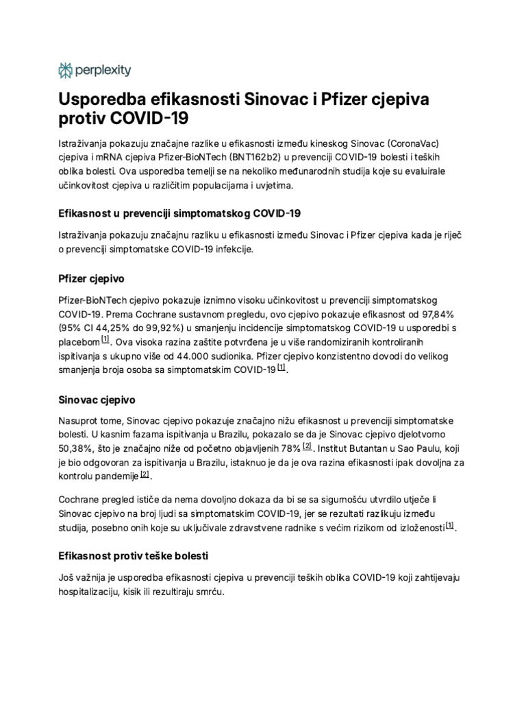 Usporedba Efikasnosti Sinovac I Pfizer Cjepiva | PDF