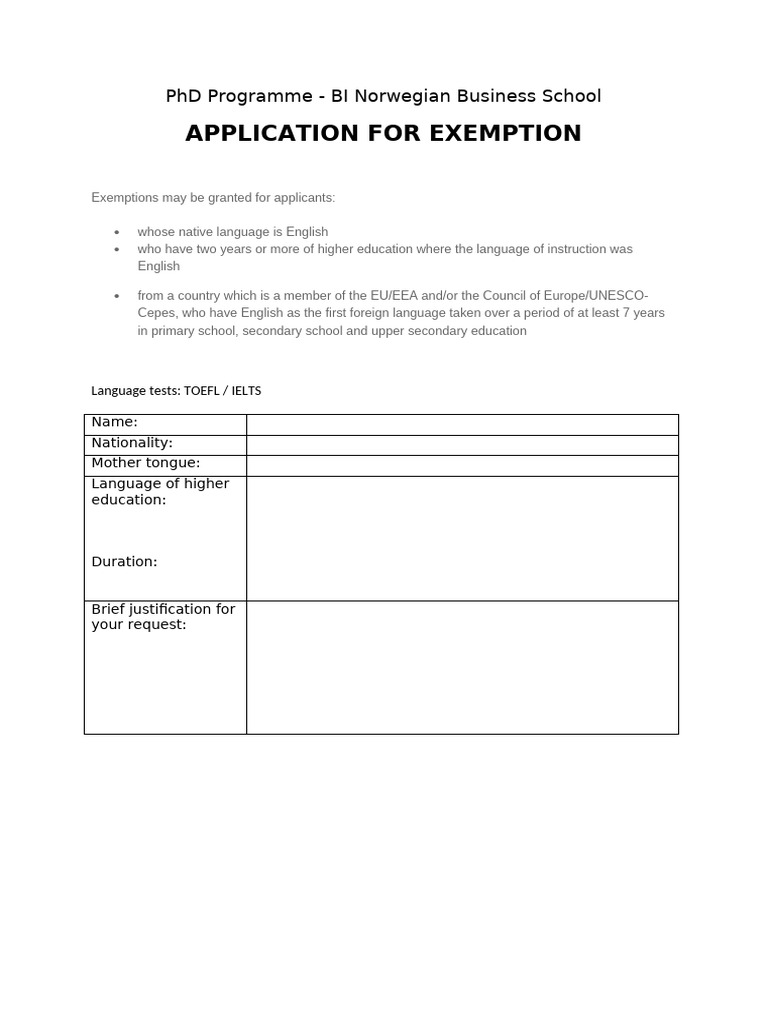 Exemption Application Waiver Form TOEFL | PDF