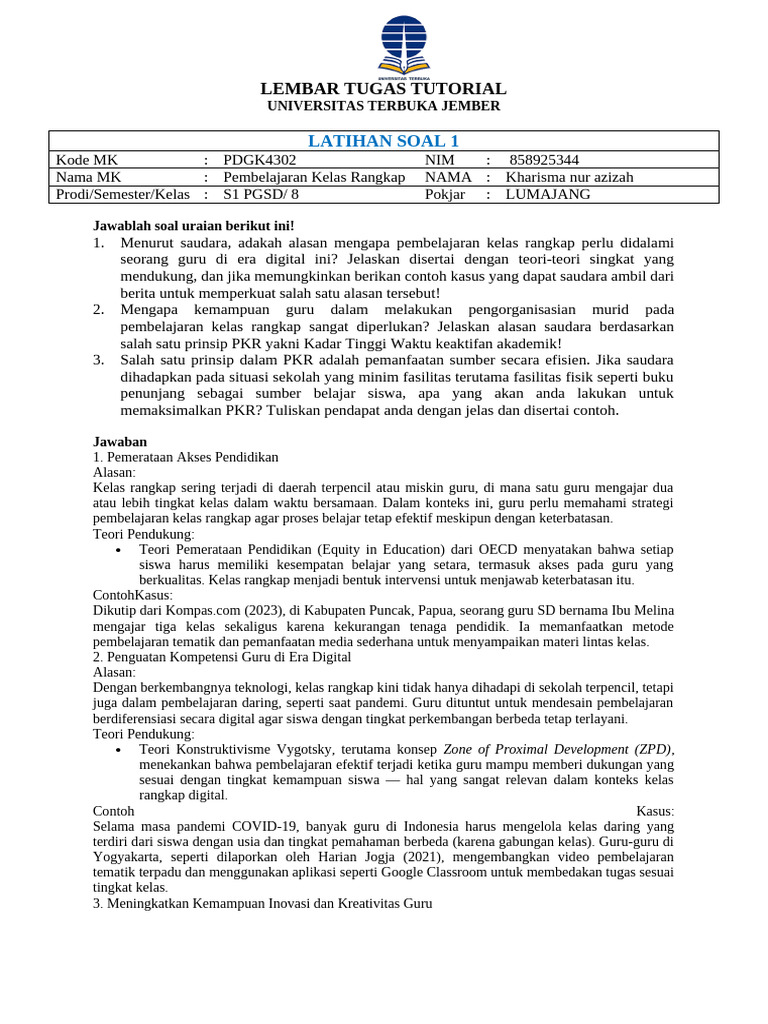 LATIHAN SOAL 1 Kharisma Nur Azizah 858925344 | PDF