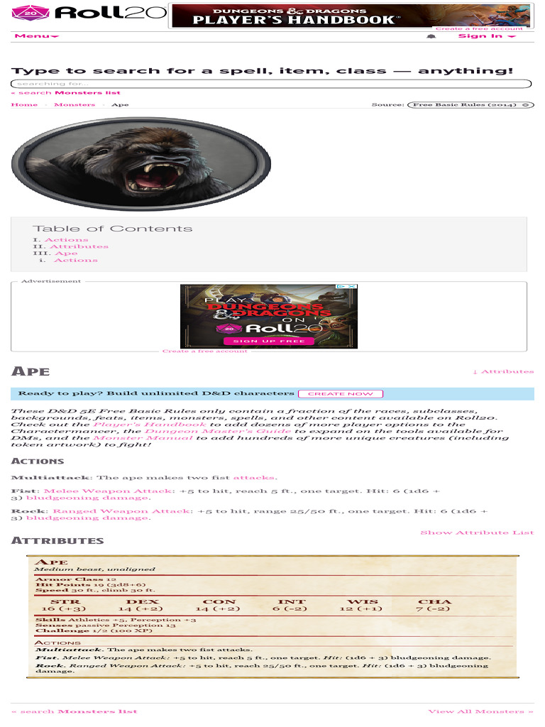 Ape D&D 5th Edition On Roll20 Compendium | PDF