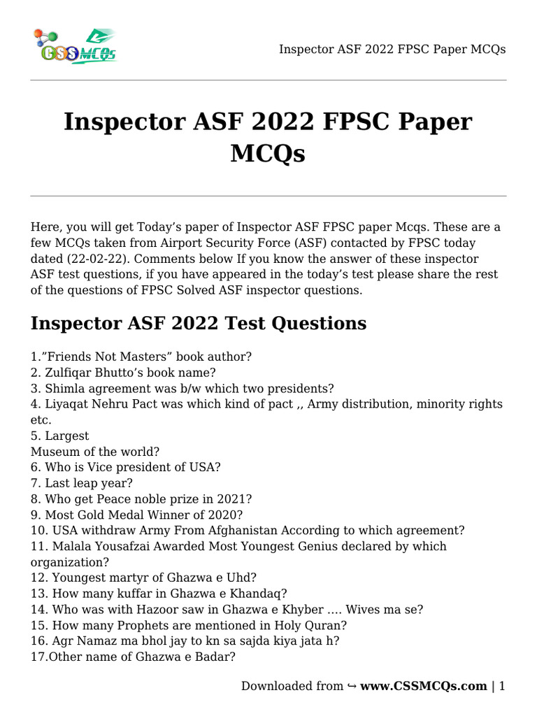 Inspector ASF 2022 FPSC Paper MCQs (1) | PDF