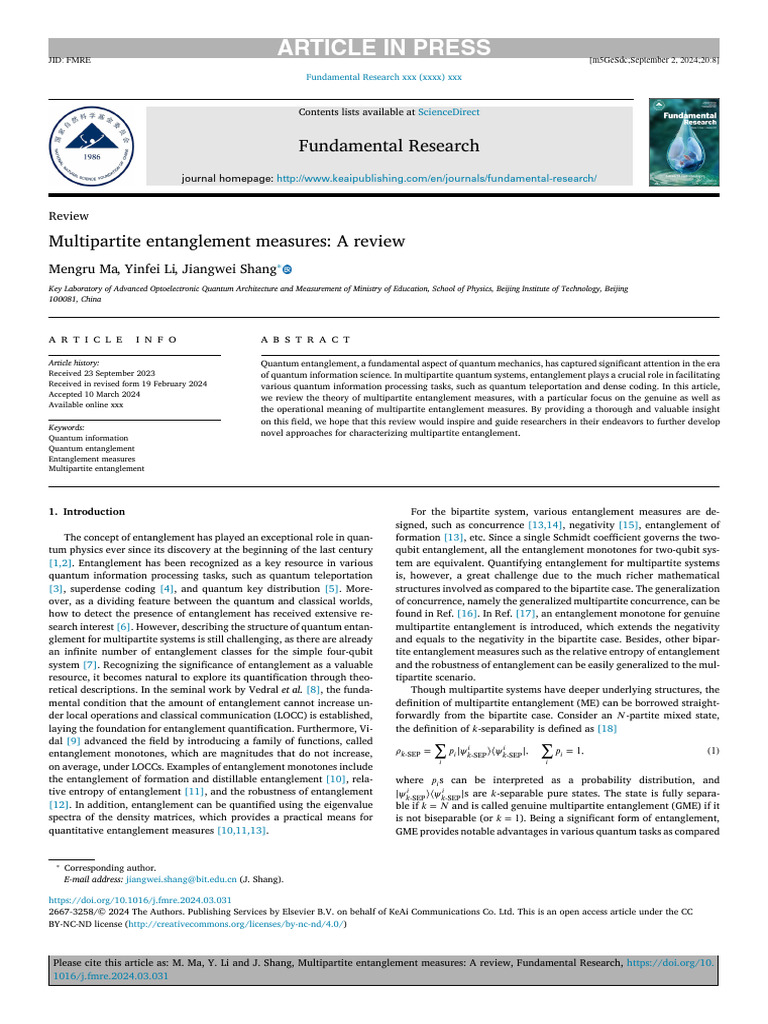 Multipartite Entanglement Measures - A Review | PDF | Quantum ...