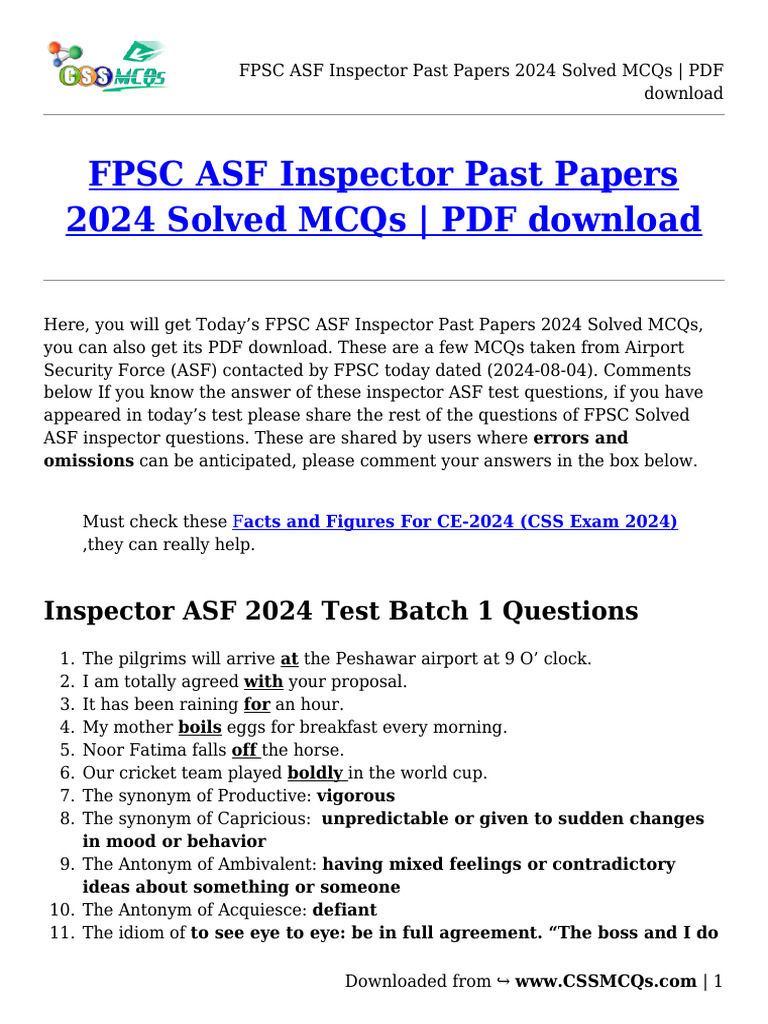 FPSC ASF Inspector Past Papers 2024 Solved MCQs - PDF Download | PDF ...