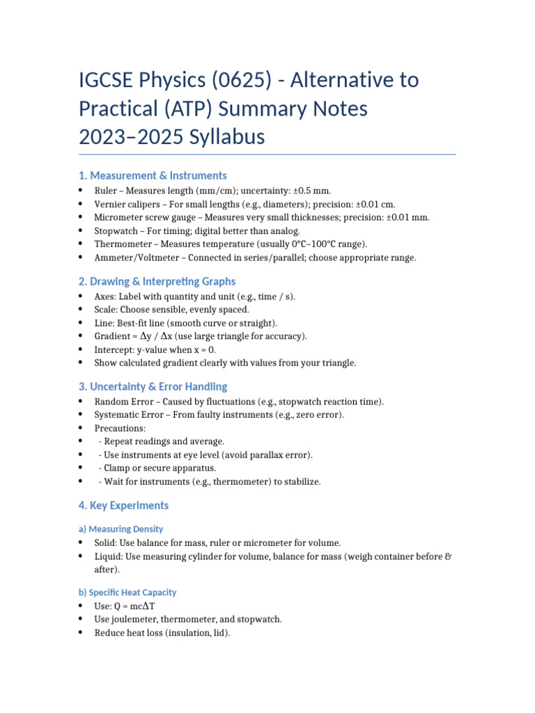IGCSE Physics ATP Summary Notes 2023-2025 | PDF | Observational Error ...