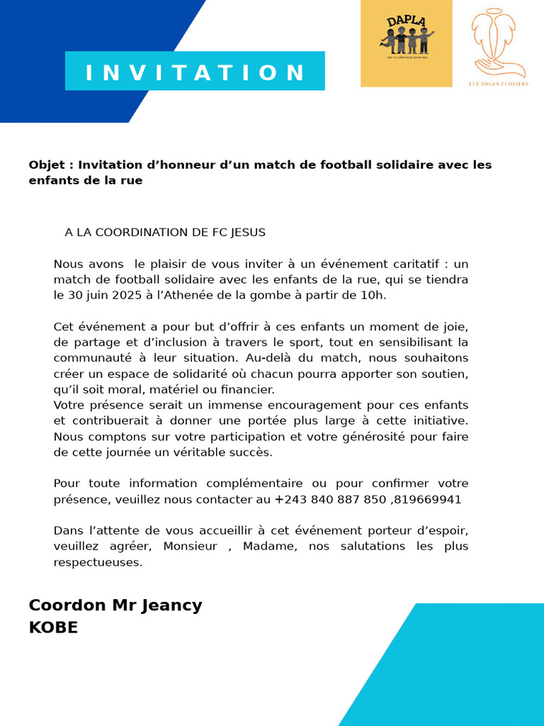 Invitation_d'Honneur Dapla RDC Fc Jesus | PDF