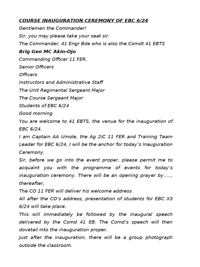 Course Inauguration Ceremony of Ebc 6-1 | PDF | Military | Military Science