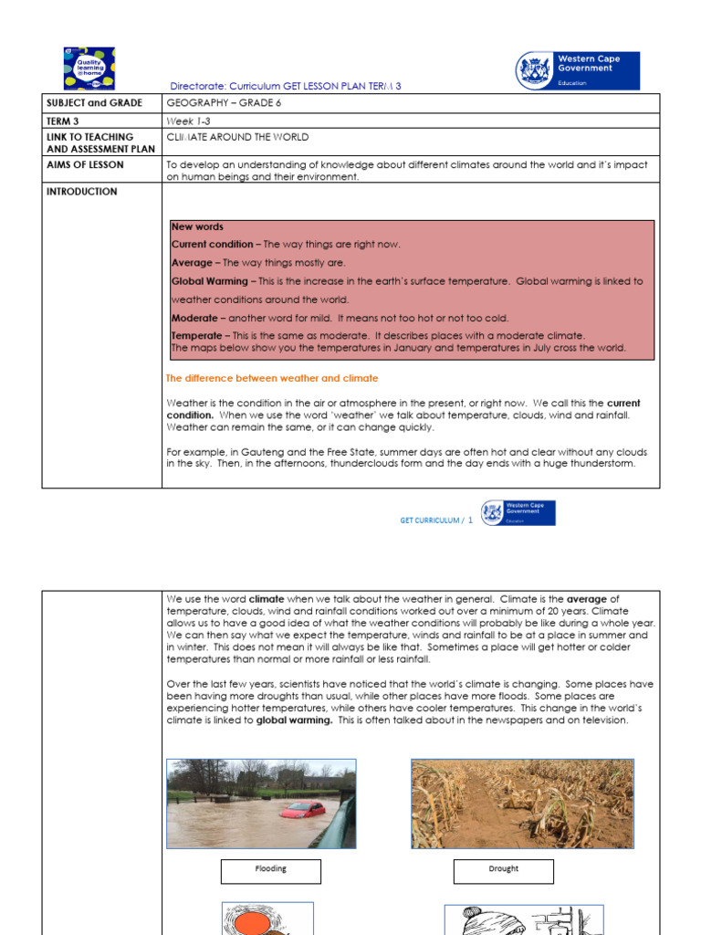 Lesson Plan GR 6 SS Geography T3 W1-3 2 | PDF | Rain | Climate