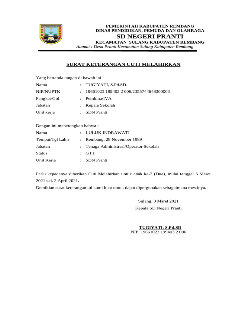 Surat Keterangan Cuti Melahirkan | PDF