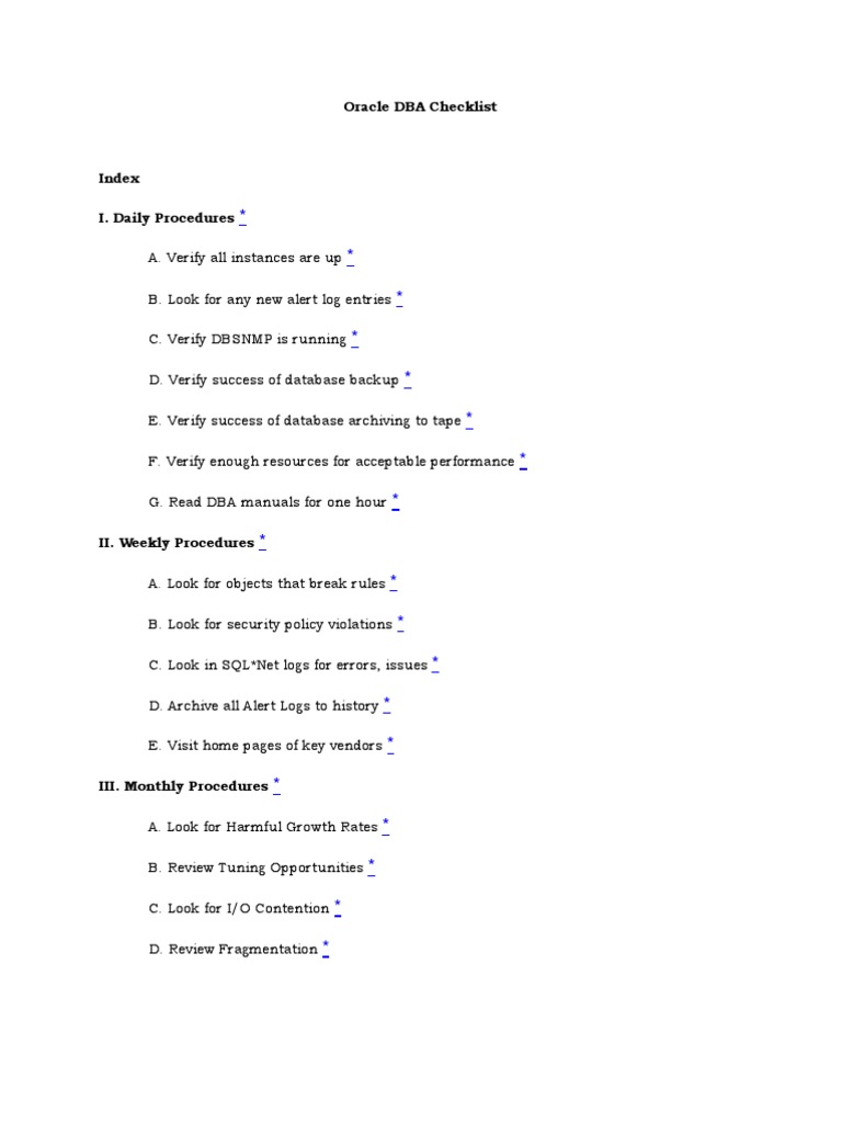 Oracle DBA Checklist | PDF | Database Index | Sql