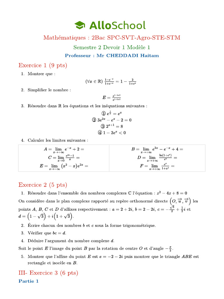 Math 2bac SPC Semestre 2 Devoir 1 Modele 1 3 | PDF