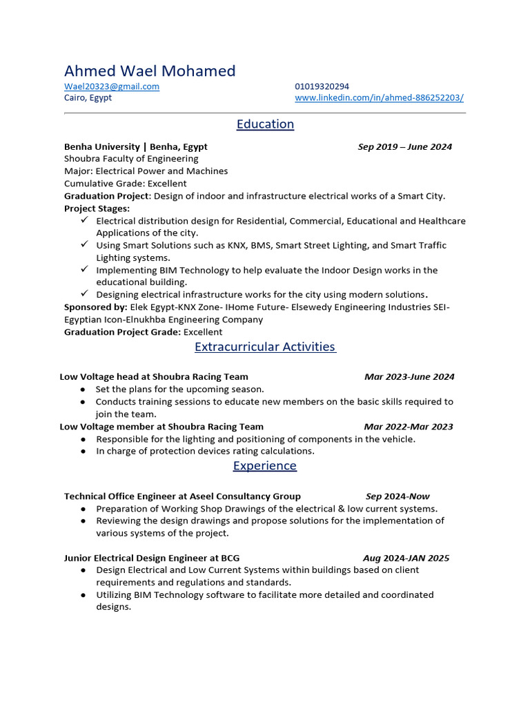 Ahmed Wael Mohamed: Electrical Engineer Profile | PDF | Building ...