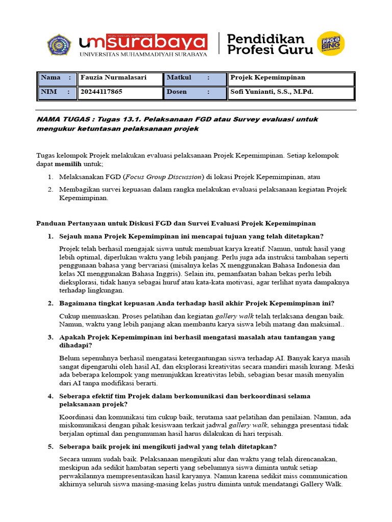 FAUZIA-Tugas 13.1. Pelaksanaan FGD Atau Survey Evaluasi Untuk Mengukur ...