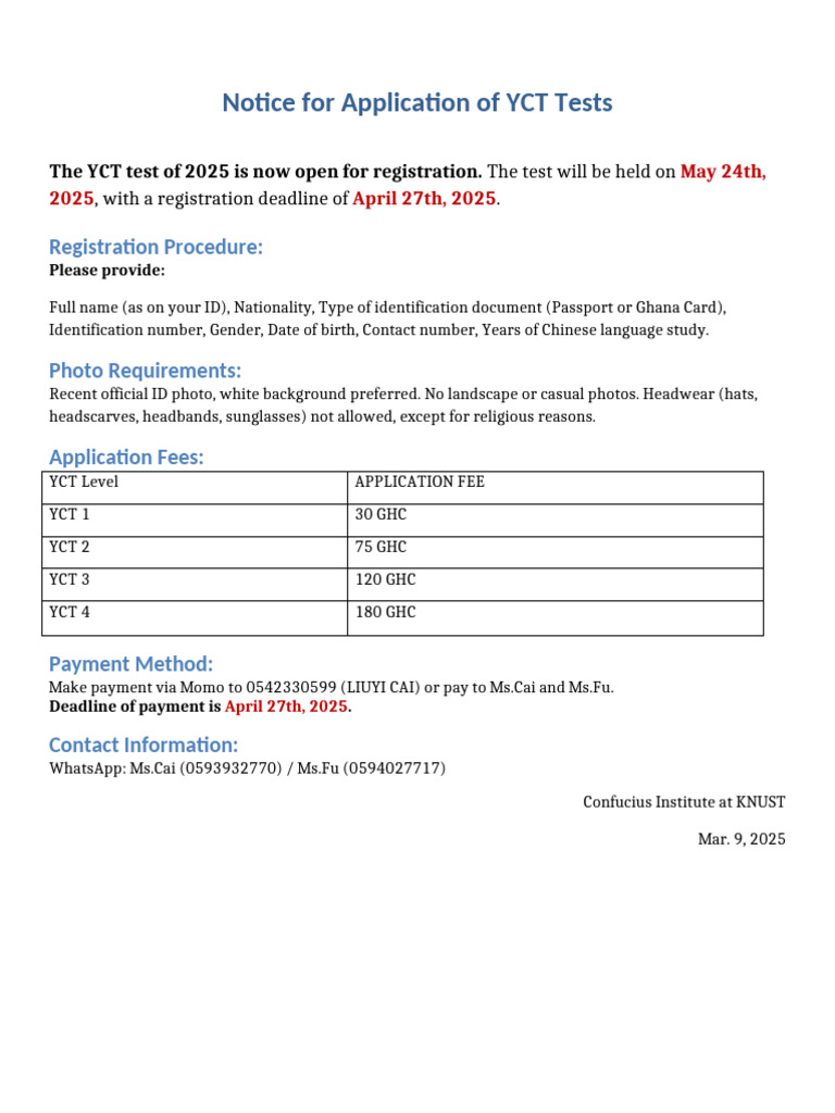 Yct Test Notice Formatted | PDF