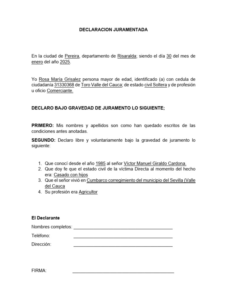 Modelo de Declaración Juramentada | PDF