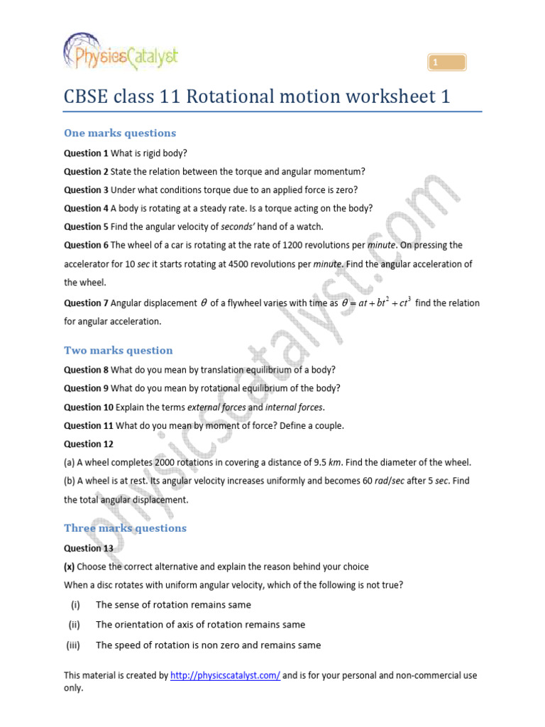Class11 Physics Rotational Motion 1 | PDF | Rotation Around A Fixed ...