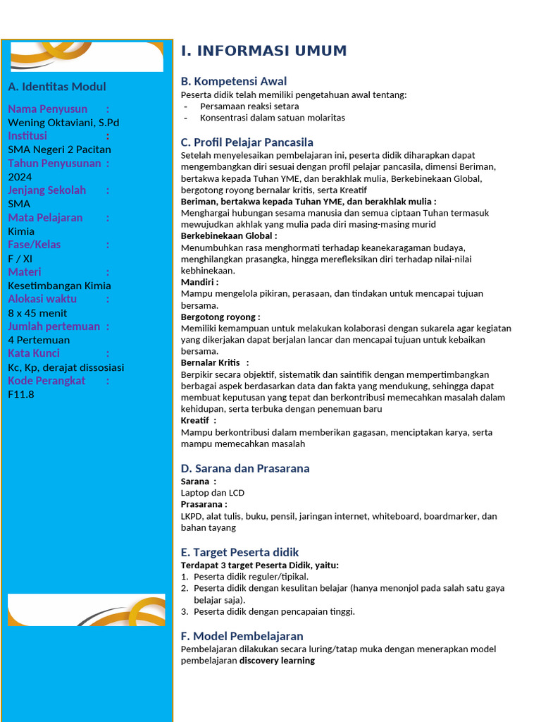 Modul Kimia Fase F Kelas XI TH 24 - F11.8 Kesetimbangan Kimia | PDF