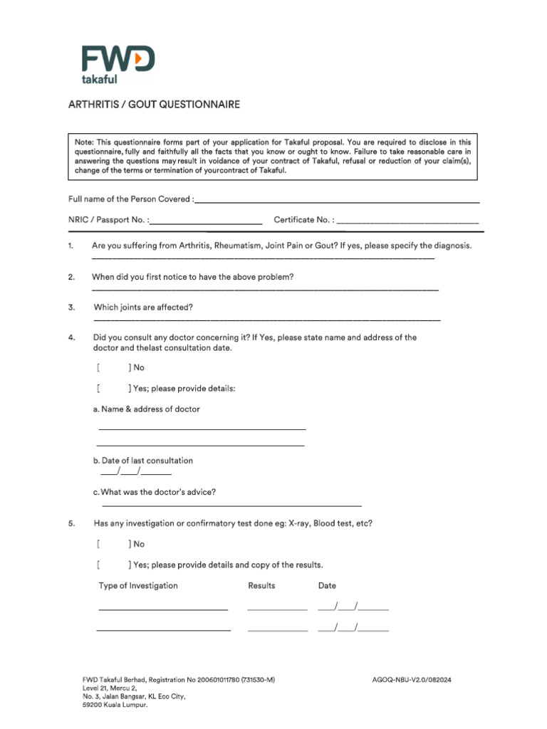 Arthritis Gout Questionnaire - V2.0 - 082024 | PDF