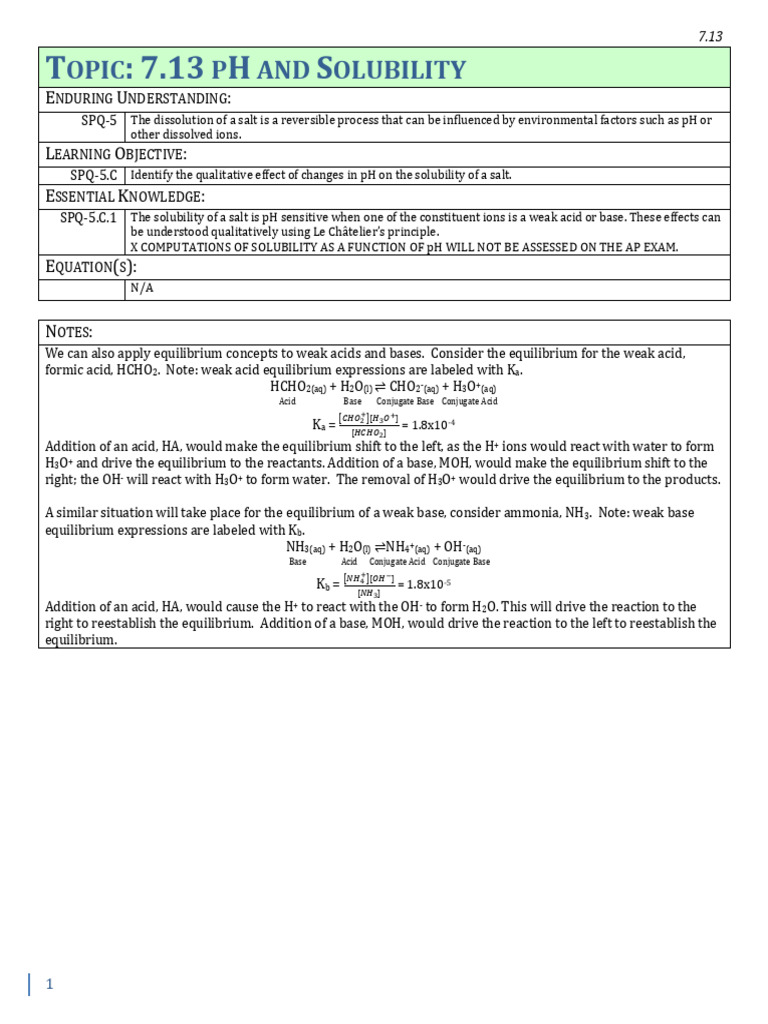 7.13 PH and Solubility Student | PDF | Chemical Equilibrium | Acid