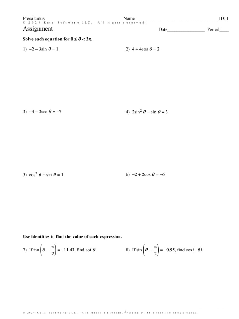 Precalculus Worksheet: Trigonometric Equations | PDF