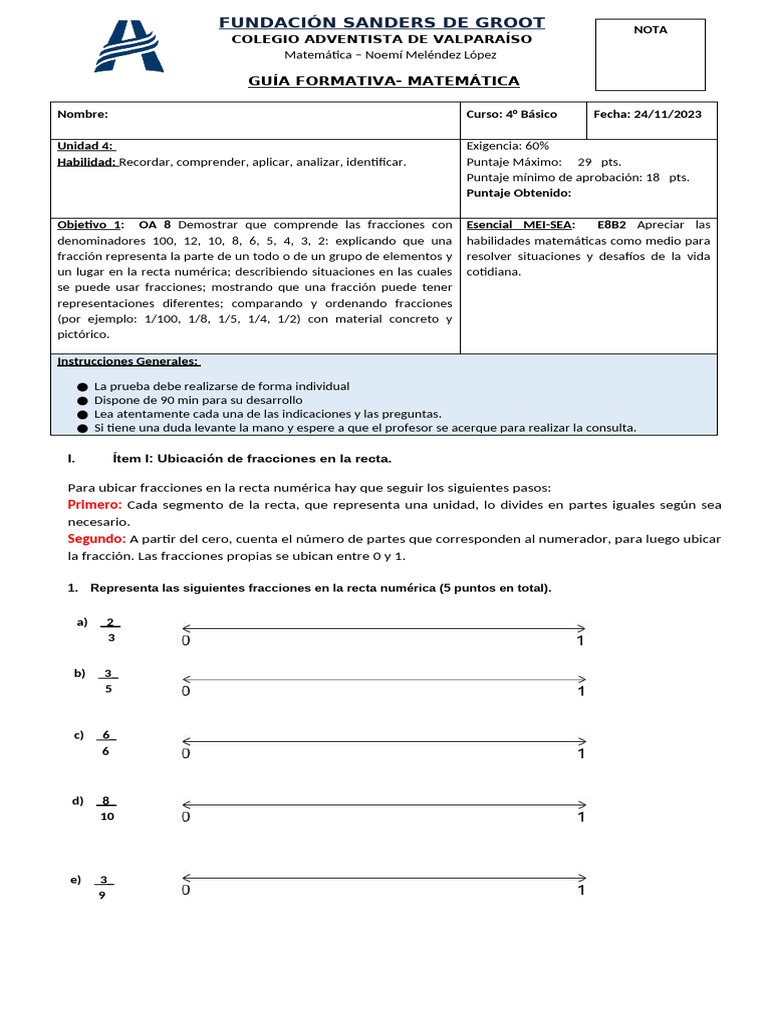 Evaluación de Fracciones para 4° Básico | PDF | Matemáticas