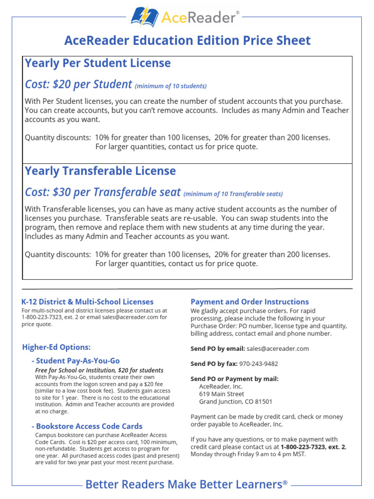 Acereader Education Price Sheet-01102601801 | PDF | Credit Card | Fee