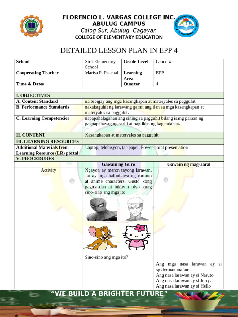 DETAILED LESSON PLAN in EPP 4 Kasangkapan at Materyales Sa Pagguhit | PDF