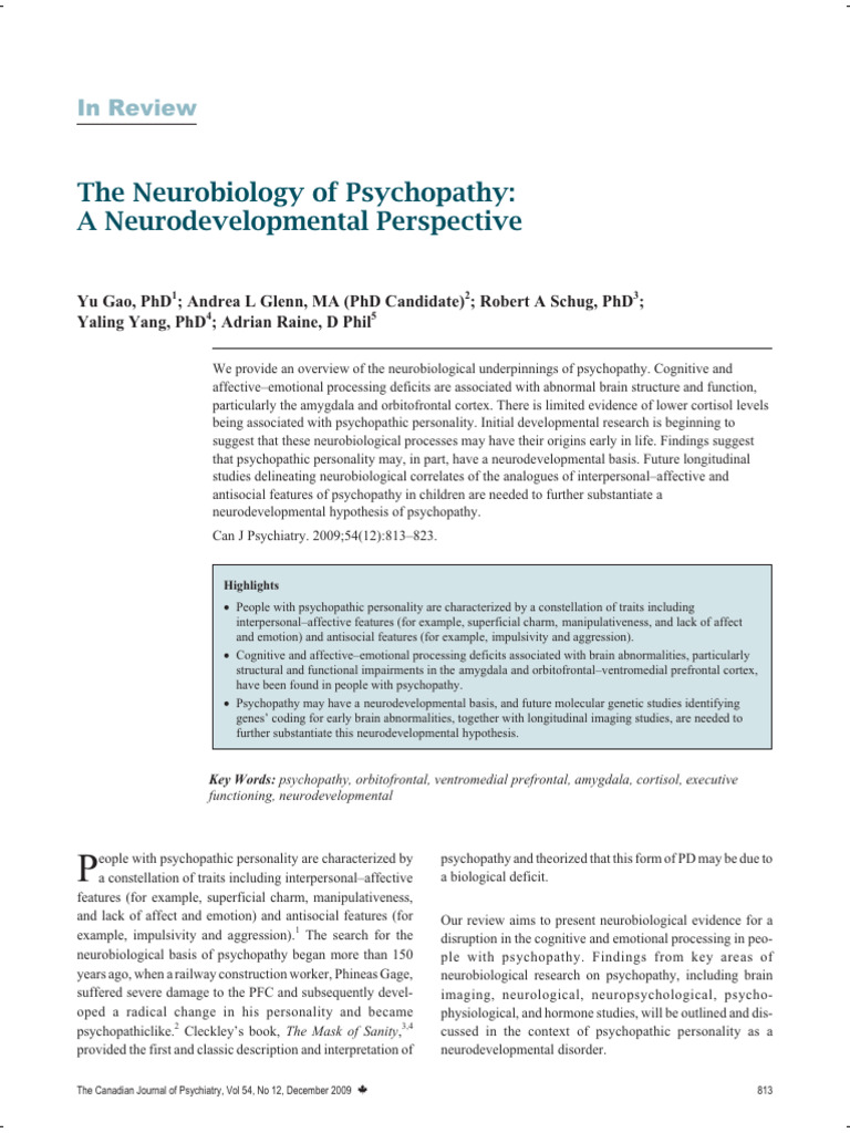 Gao Et Al 2009 The Neurobiology of Psychopathy A Neurodevelopmental Perspective | PDF ...