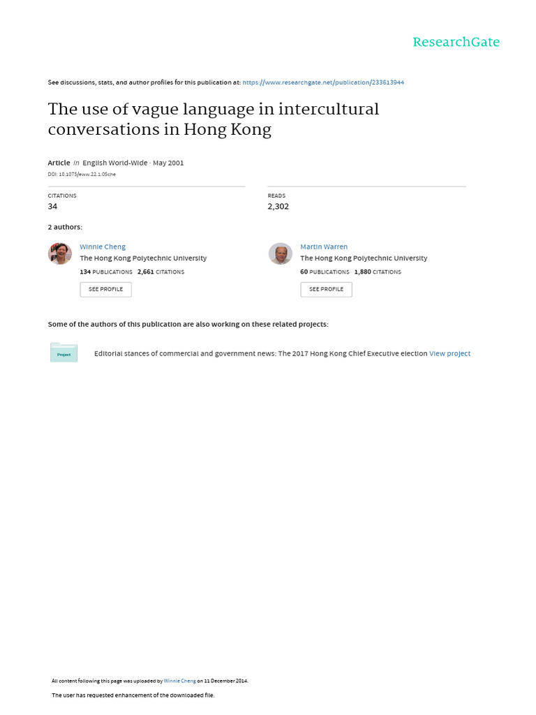 Cheng e Warren. 2001 Vague Language in Intercultural Conversations in Hong Kong | PDF ...