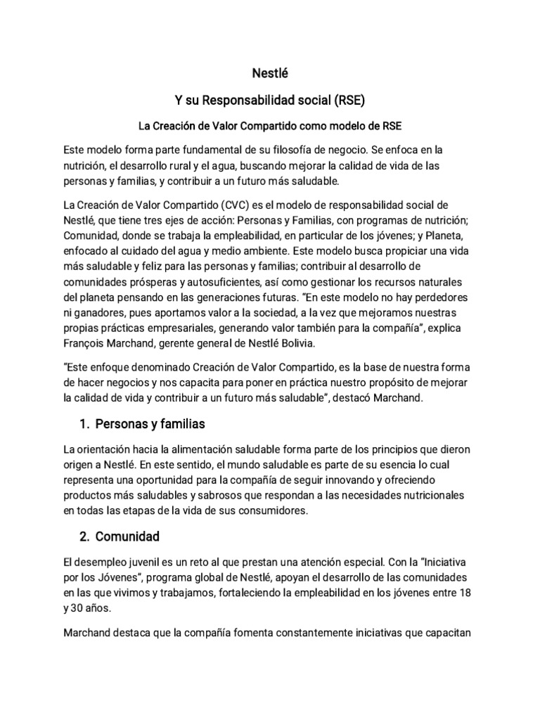 RSE Nestlé | PDF | Hacerse un nido | Responsabilidad social corporativa