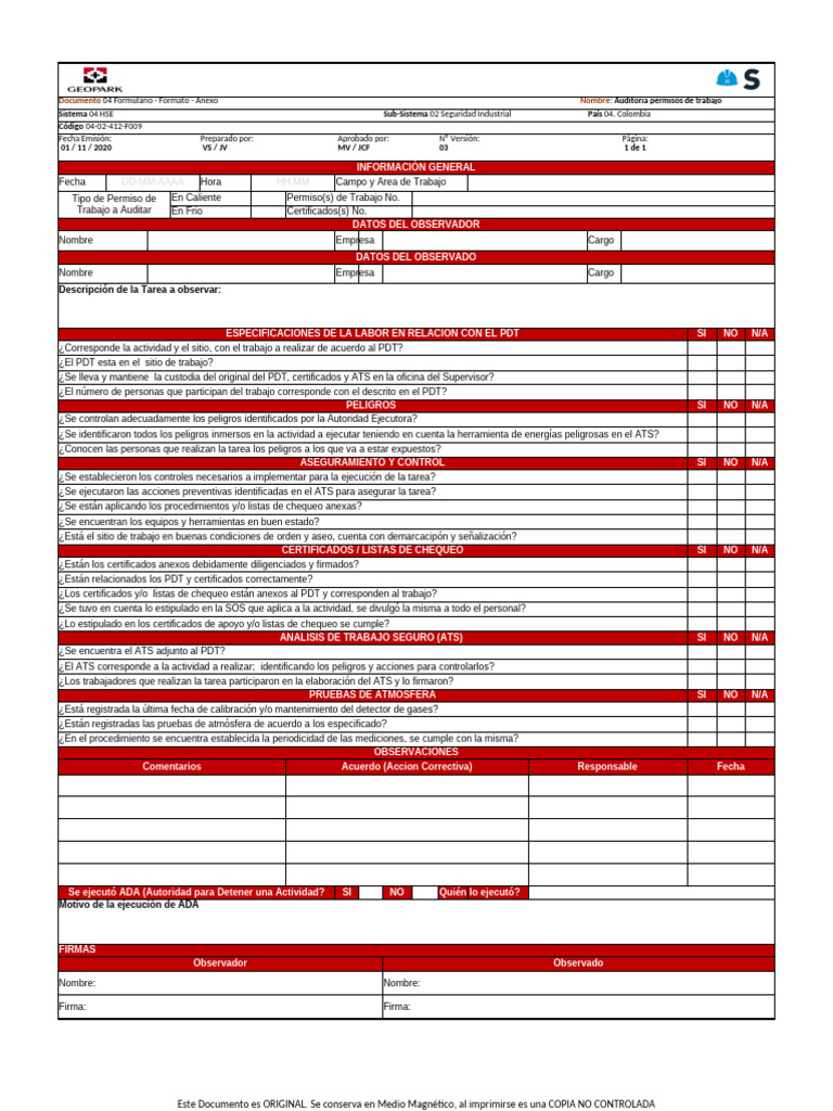 04-02-412 F009 Auditoria A Permisos de Trabajo V3 | PDF