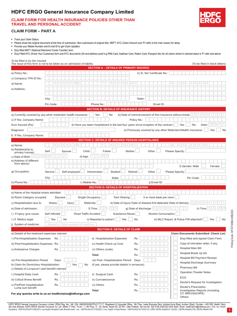 Health Suraksha Claim Form | PDF | Insurance | Receipt