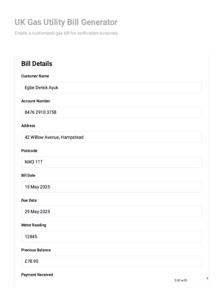 UK Gas Utility Bill Generator | PDF | Invoice | Banking Technology