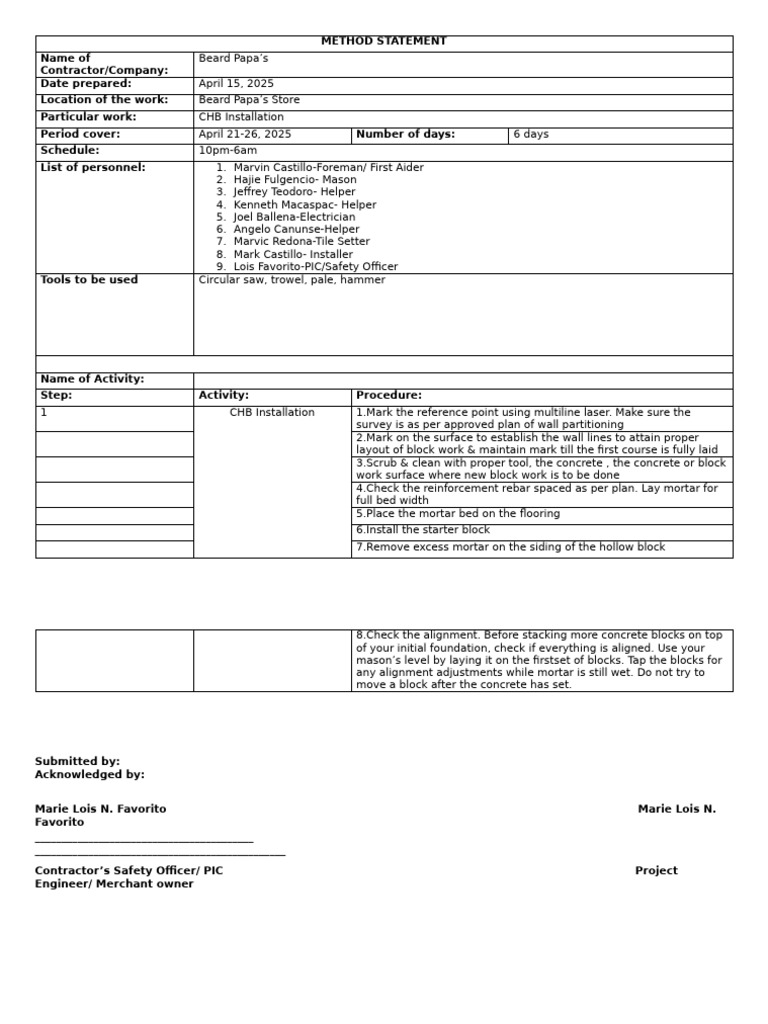 Method Statement Format-Chb Installation | PDF | Architectural Design ...