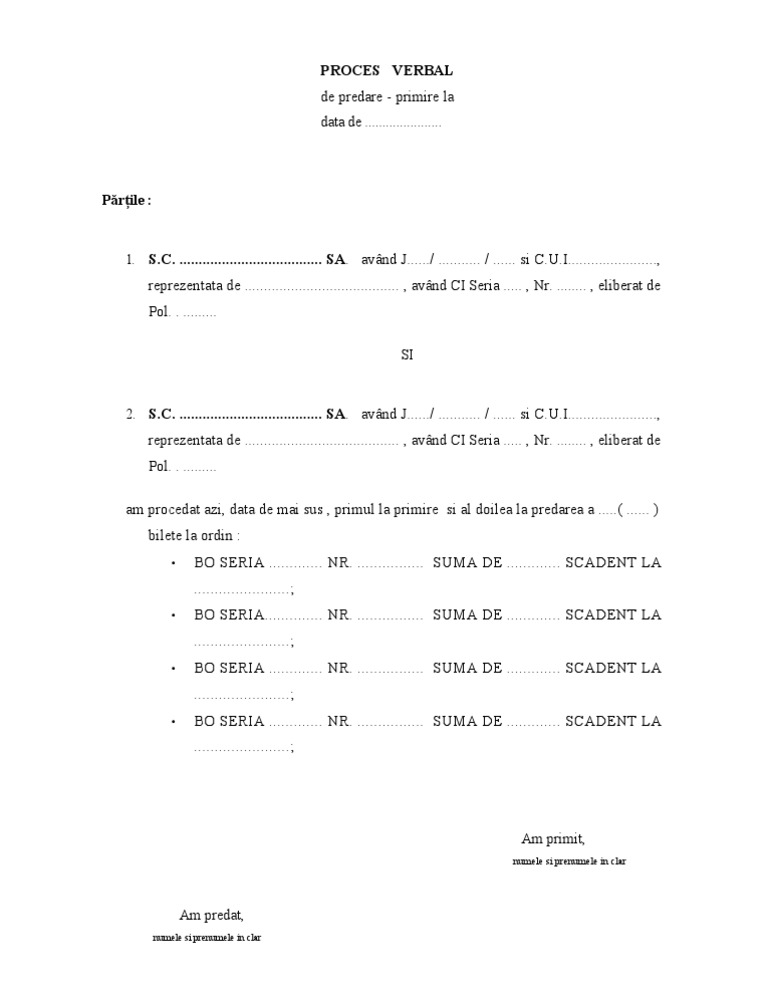 PROCES VERBAL de Predare - Primire Bilete La Ordin