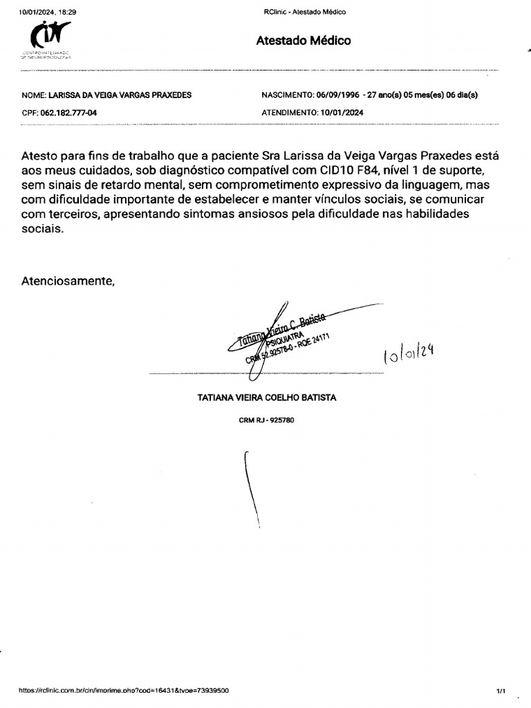 Atestado Diagnóstico CID - Larissa V. V. Praxedes | PDF
