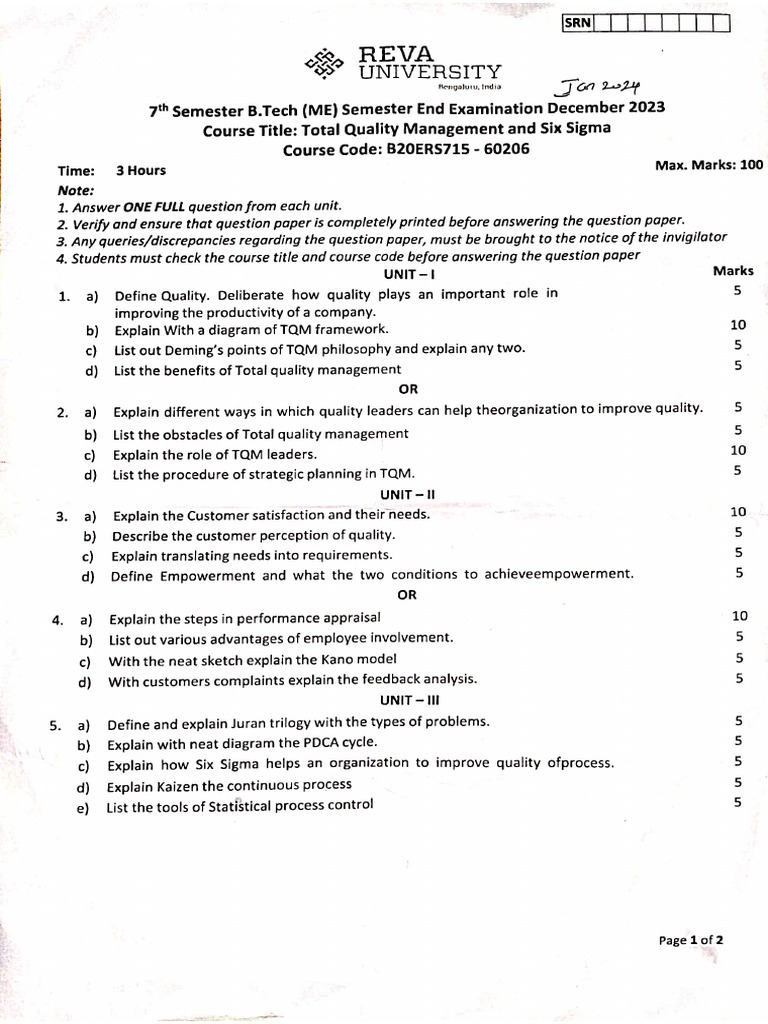 TQM 2023 Question Paper | PDF