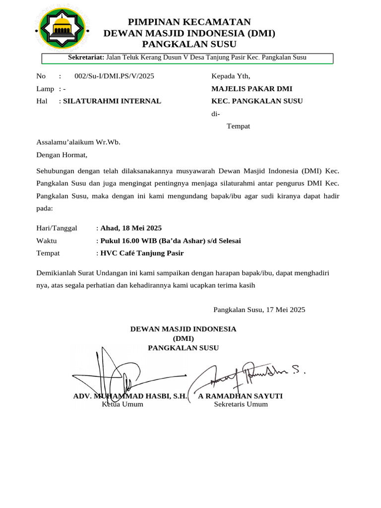 Surat Undangan Majelis Pakar DMI Pangkalan Susu | PDF