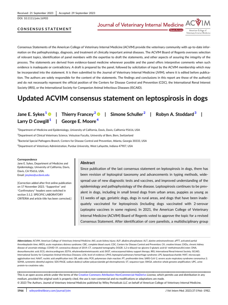 Updated ACVIM Consensus Statement On Leptospirosis | PDF | Medical ...