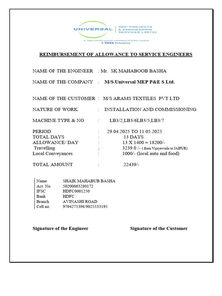 Allowances Ms Arams 29.04.2025 To 11.05.2025 | PDF