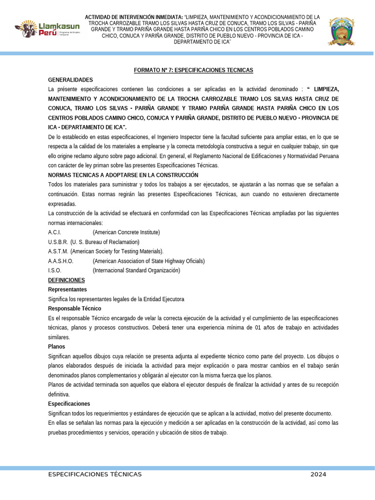 Formato #07 - Especificaciones Tecnicas - Trocha Carrozable - Pueblo Nuevo | PDF | Demolición ...