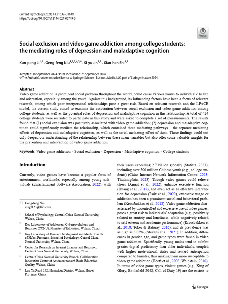 Social Exclusion and Video Game Addiction | PDF | Major Depressive ...