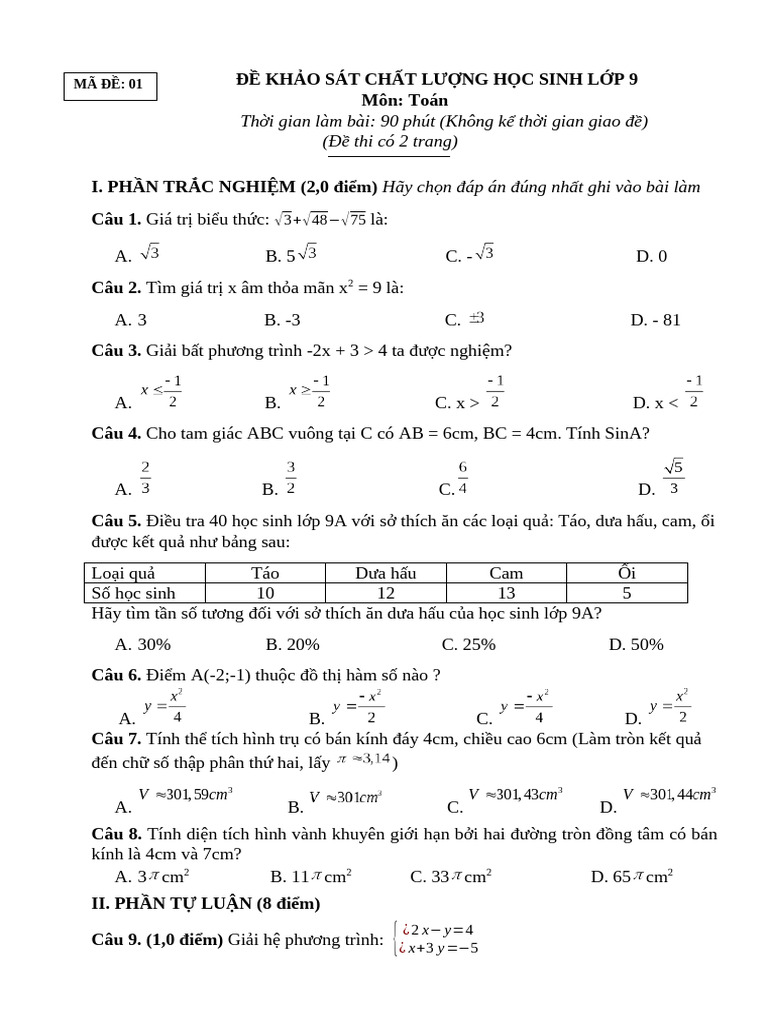 ĐỀ + HDC KSCL MÔN TOÁN 9 LẦN 1 | PDF