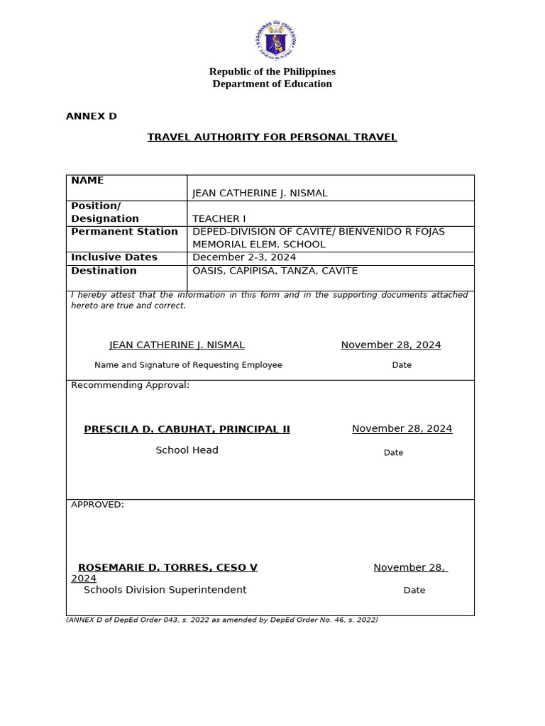 TEMPLATE FOR ANNEX D PERSONAL TRAVEL Modified Region | PDF