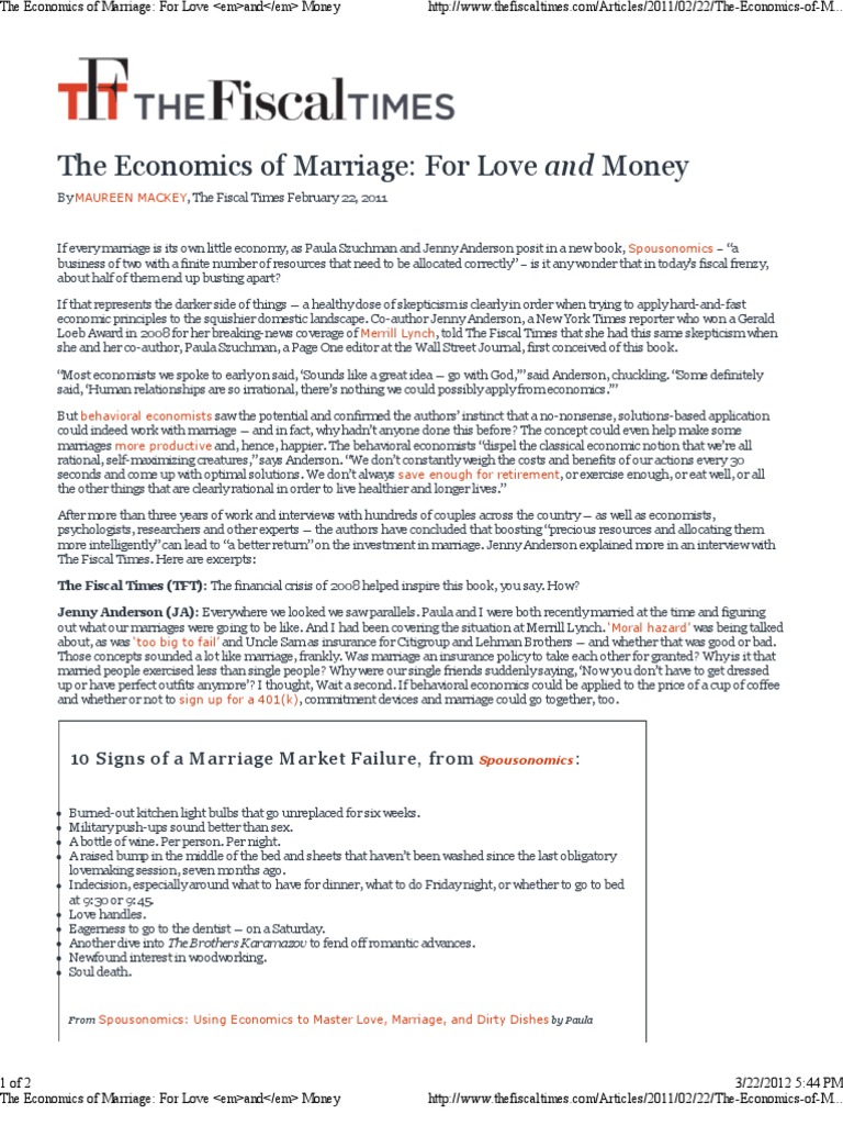 The Economics of Marriage For Love and Money | PDF | Behavioral ...